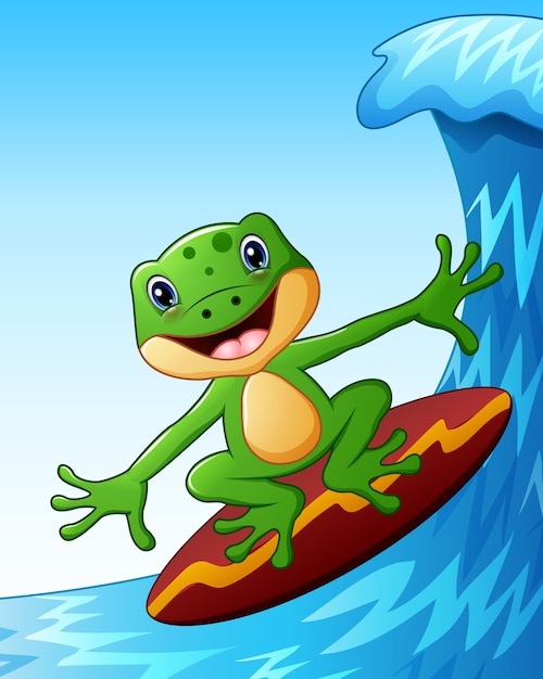 Cheerful Frog Surfing on Colorful Wave | Jiffy Designs