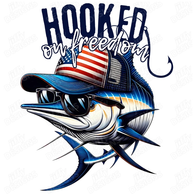 'Hooked on Freedom' Patriotic Marlin with Sunglasses and American Flag ...