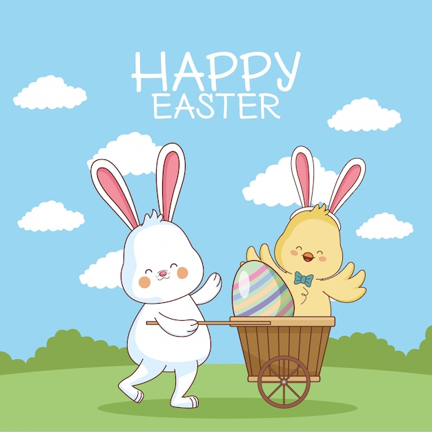 Cute Easter Bunny Characters Celebrating with Basket and Eggs | Jiffy Designs