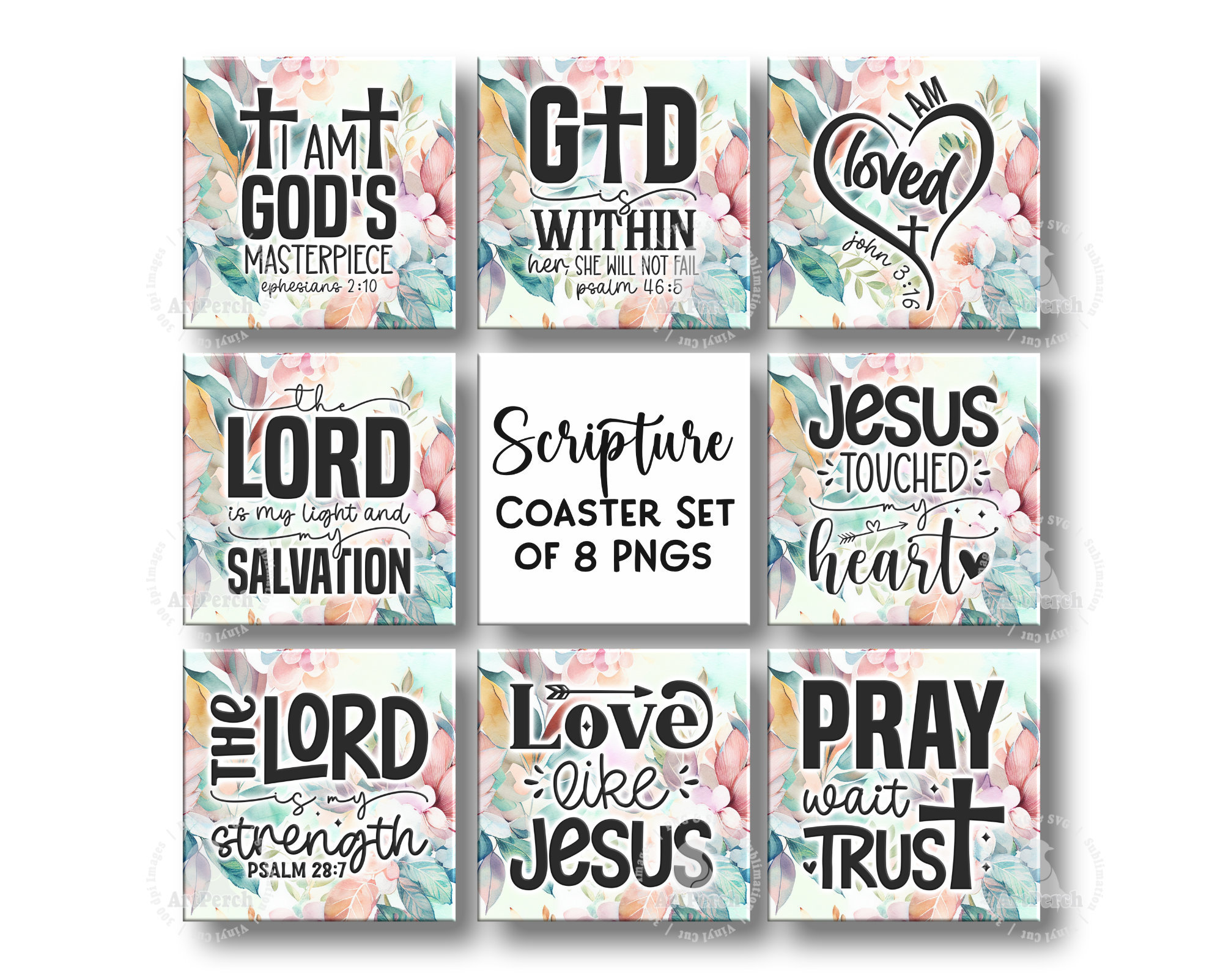 Scripture Coaster PNG, Square Coaster Design, Bible Verse Design, Set ...