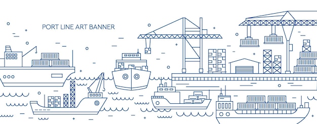 Vibrant Port Line Art Banner with Diverse Vessels and Cranes | Jiffy ...