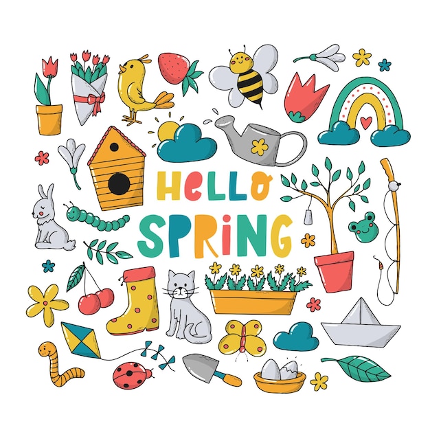 Vibrant Spring Elements Illustration with 'Hello Spring' Text | Jiffy ...
