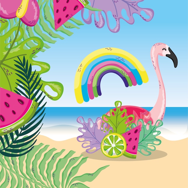 Vibrant Tropical Flamingo and Rainbow Beach Scene | Jiffy Designs