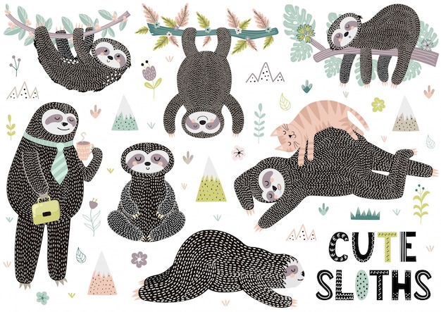 Adorable Collection of Sloth Illustrations in Playful Poses | Jiffy Designs