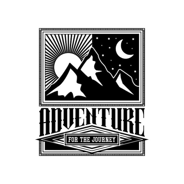 Vintage Mountain Adventure Badge with Sun Rays and Moon | Jiffy Designs