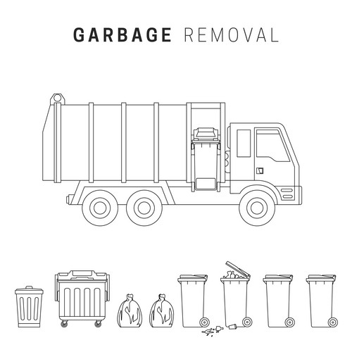 Garbage Removal Line Illustration. Line Drawings Of Garbage Truck And ...