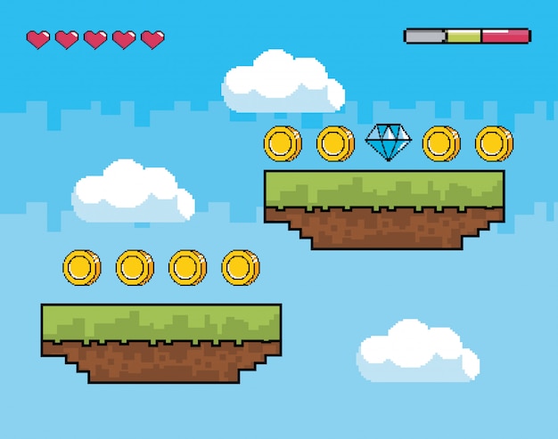 Vibrant Pixel Art Platformer with Collectible Gems and Hearts | Jiffy ...