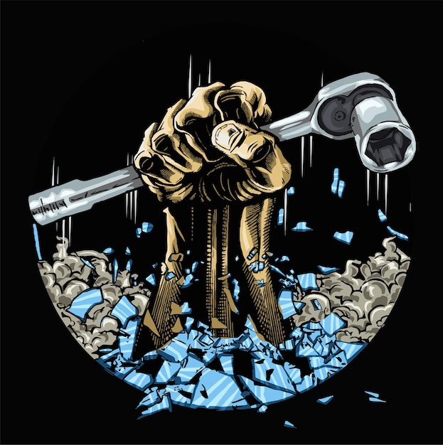 Powerful Fist Grasping a Wrench Amid Shattered Glass | Jiffy Designs
