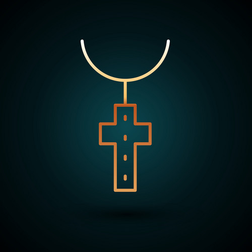 Gold Line Christian Cross On Chain Icon Isolated On Dark Blue ...
