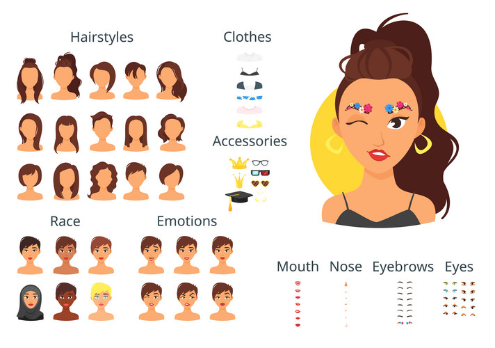 Vector Cartoon Style Woman Avatar Constructor With Different Face Items ...