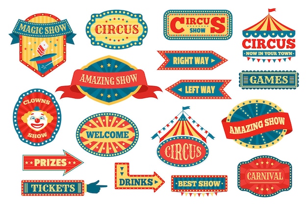 Vibrant Circus-Themed Collection of Retro Signs and Badges | Jiffy Designs