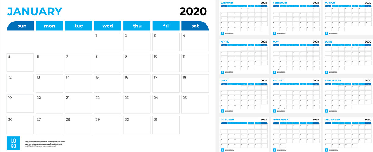 2020 Calendar - Illustration. Template. Mock Up Week Starts Sunday ...