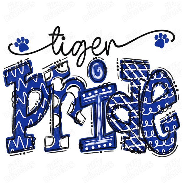 'Tiger Pride' Handwritten Script with Patterned Block Letters and Paw ...