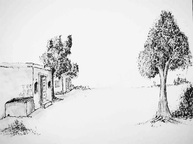 Rustic Landscape Sketch with Trees and Cottage | Jiffy Designs