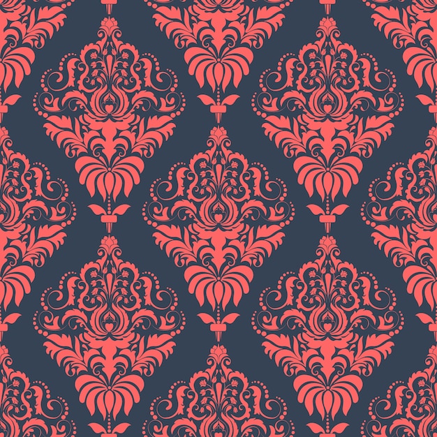 Elegant Crimson Damask Pattern on Midnight Blue Background | Jiffy Designs