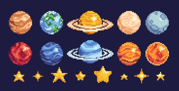 Vibrant Celestial Pixel Art Collection of Planets and Stars | Jiffy Designs