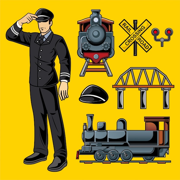 Vintage Train Station Scene with Conductor Illustration | Jiffy Designs