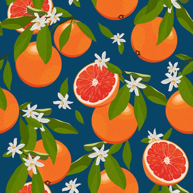 Vibrant Citrus Floral Motif on Deep Blue Background | Jiffy Designs