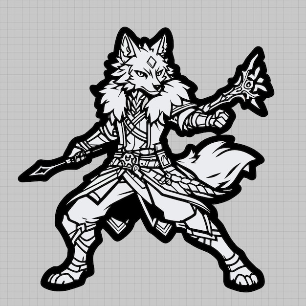 Fierce Warrior Fox Wielding Ornate Sword in Bold Monochrome | Jiffy Designs