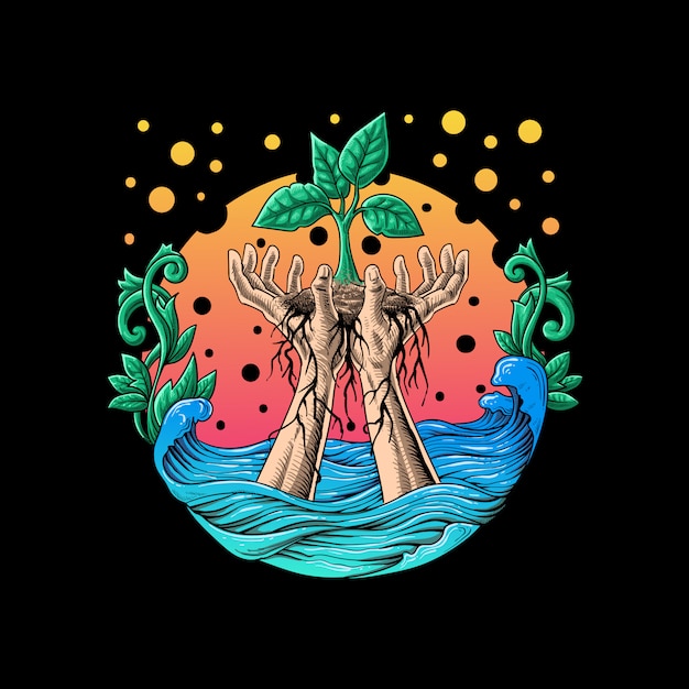 Vibrant Botanical Illustration with Hands Emerging from Waves | Jiffy ...