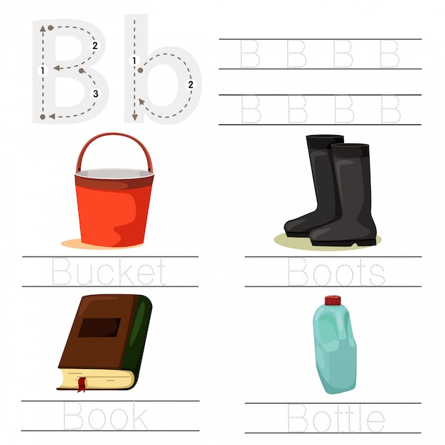 Illustrated Alphabet Letters, Bucket, Boots, Book, and Bottle Drawings ...