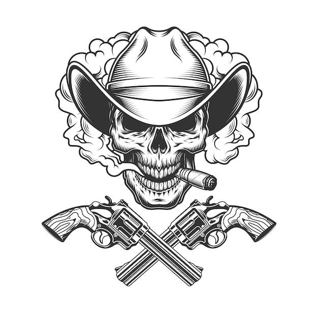 Menacing Cowboy Skull with Crossed Revolvers and Smoke | Jiffy Designs