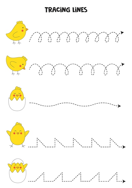 Tracing Lines Worksheet with Cute Chick Illustrations | Jiffy Designs