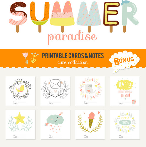 Cute Cards, Notes And Stickers With Spring And Summer Illustrations ...