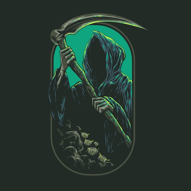 Ominous Reaper in Emerald Glow, Wielding Scythe of Darkness | Jiffy Designs