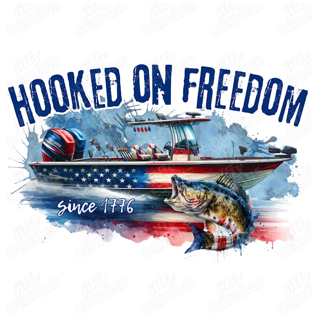 'Hooked on Freedom' Patriotic Fishing Boat Design with Stars and Stripes | Jiffy Designs