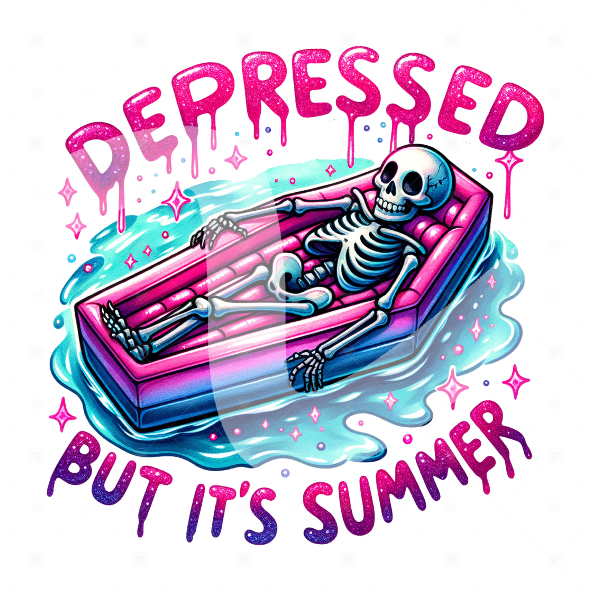 'Depressed But It's Summer' Skeleton on Inflatable Raft with Vibrant ...