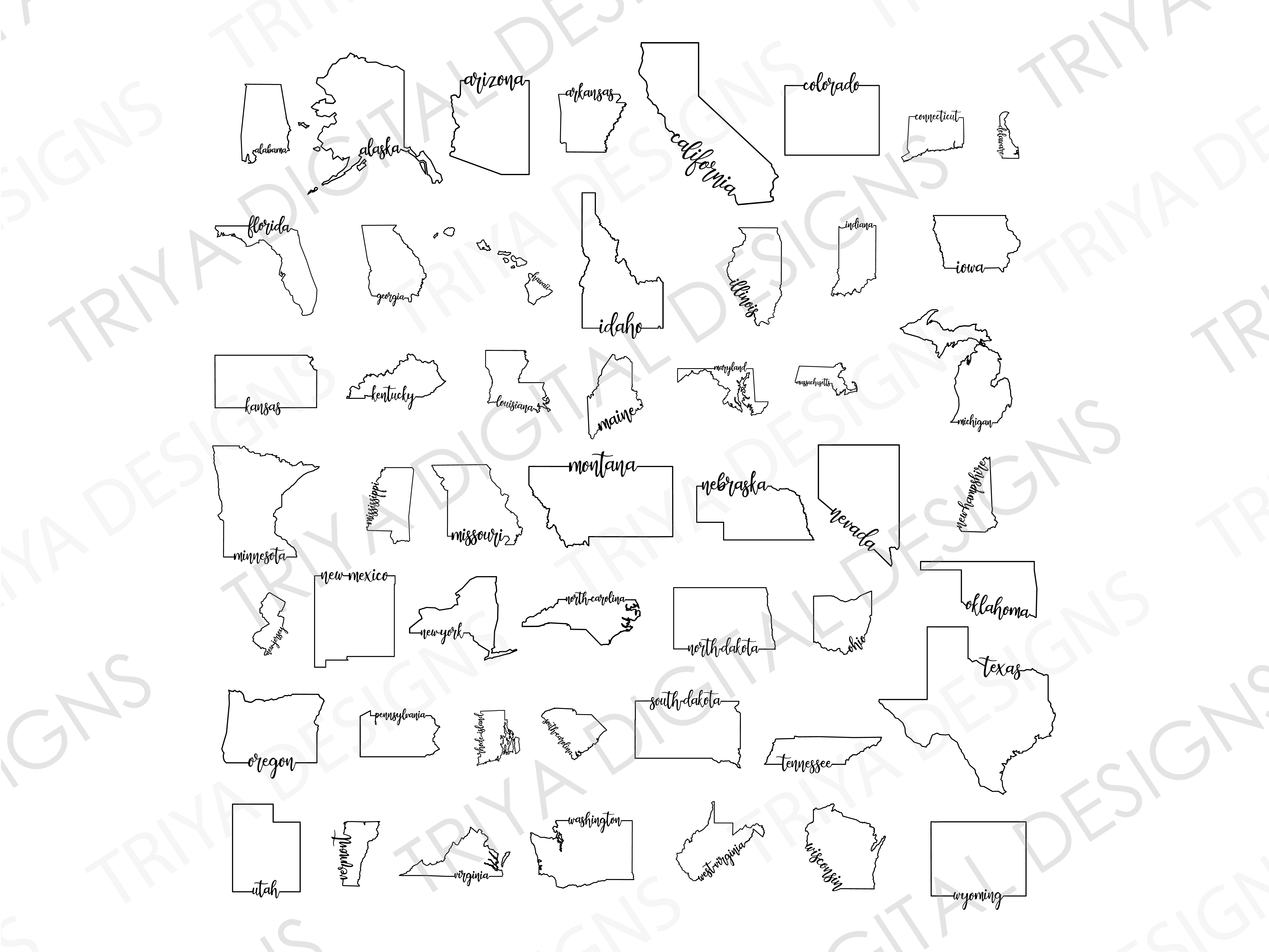United States Silhouettes Hand-Drawn Collection of State Outlines and ...