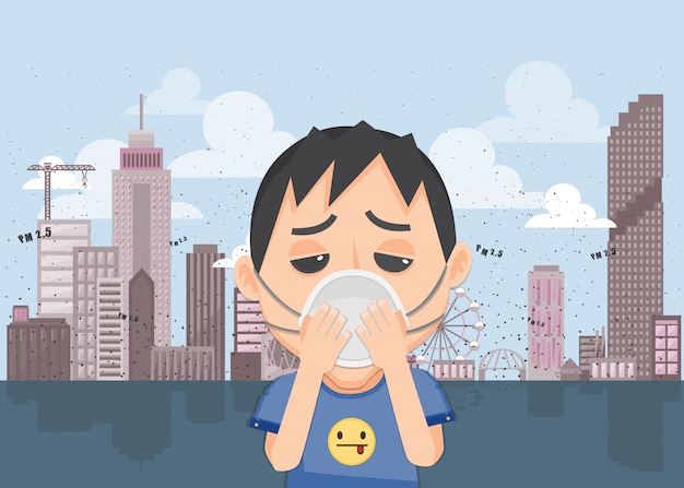 Cartoon Boy Feeling Unwell in Polluted City Skyline | Jiffy Designs