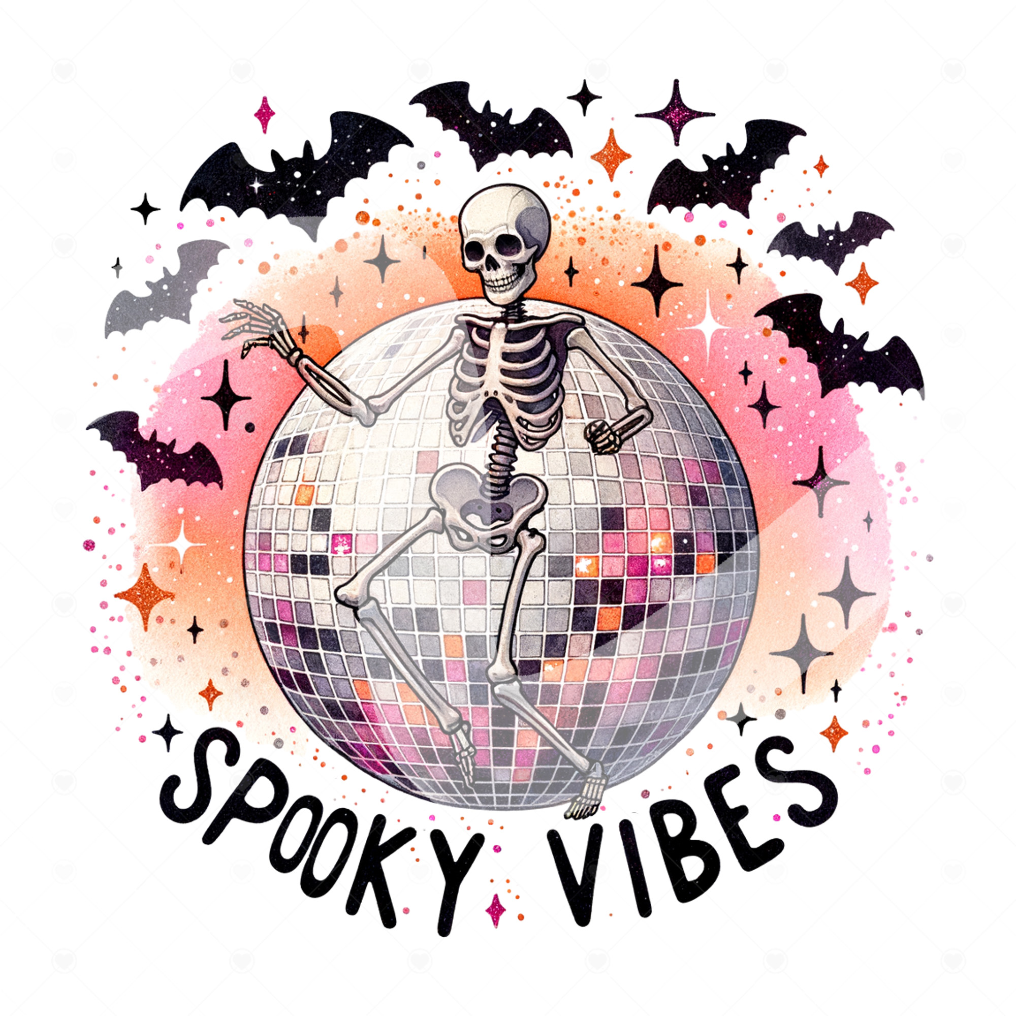 'Spooky Vibes' Dancing Skeleton on Disco Ball with Bats and Stars ...
