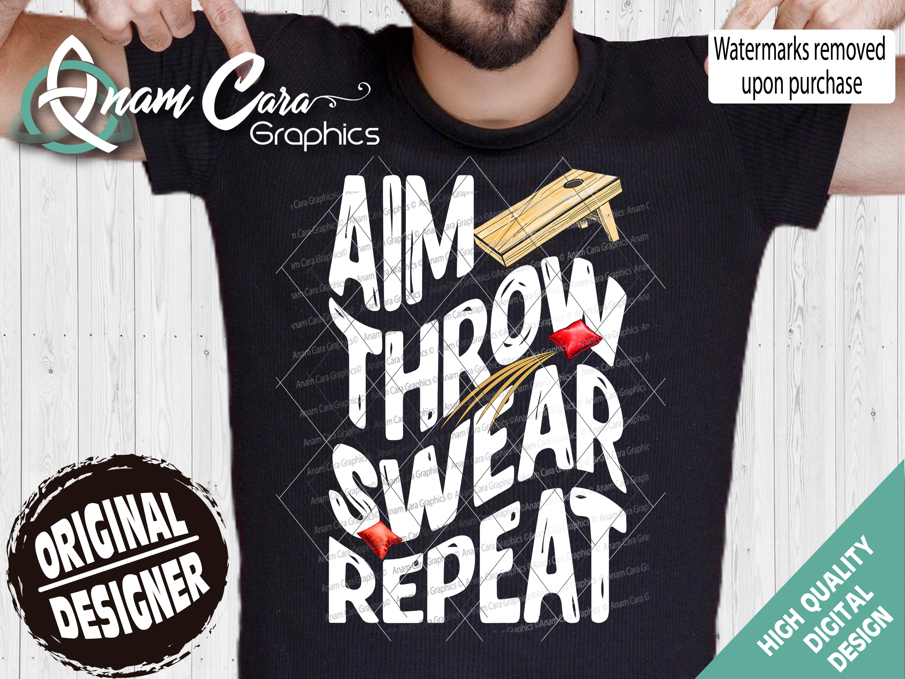 'Aim Throw Swear Repeat' Bold Typography with Cornhole Board ...
