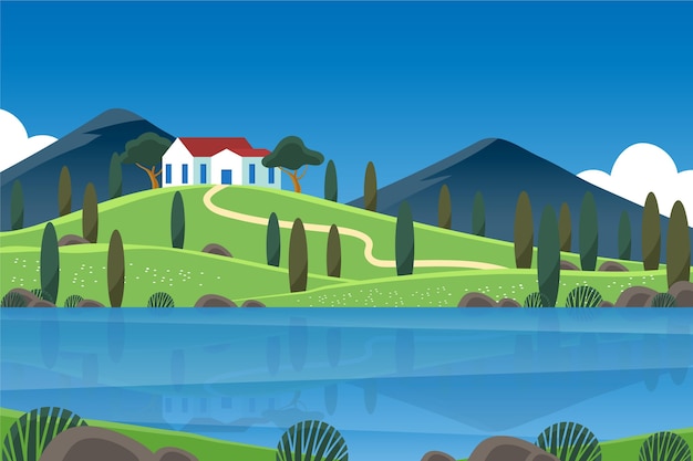 Idyllic Countryside Landscape with Lake and Colorful Houses | Jiffy Designs