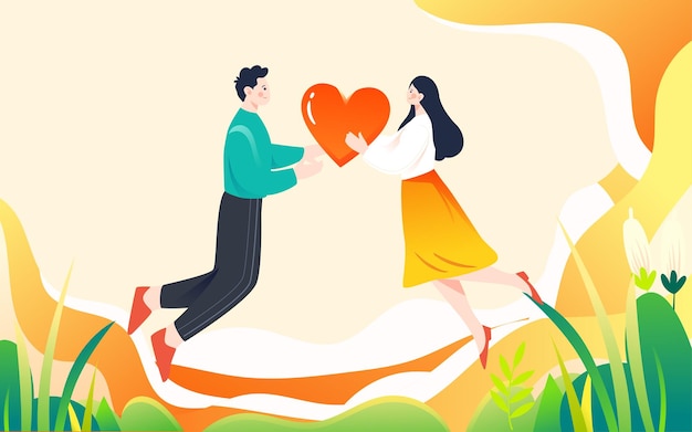 Couple Sharing Heart Symbol in Vibrant Nature Illustration | Jiffy Designs