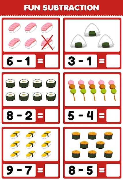 Playful Subtraction Exercises Featuring Diverse Food Items | Jiffy Designs