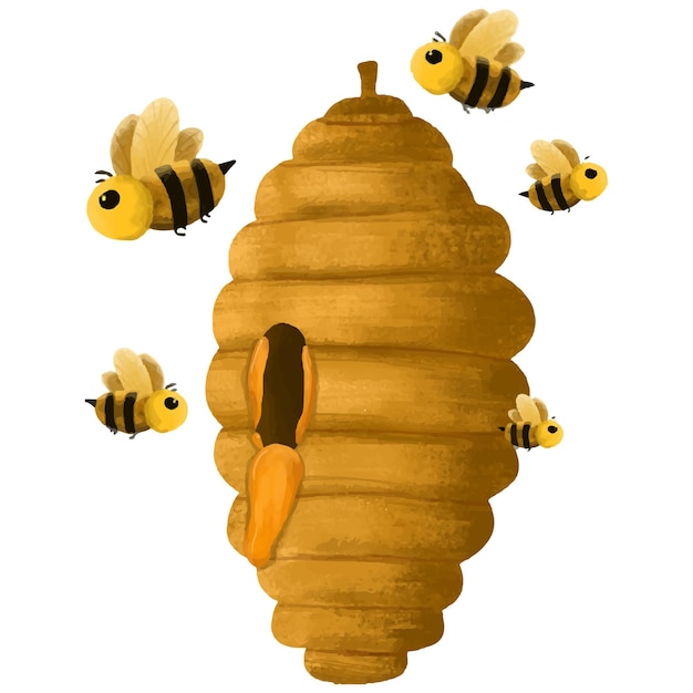 Charming Beehive and Buzzing Bees Illustration | Jiffy Designs