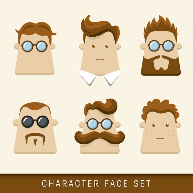 Quirky Cartoon Character Face Icons with Mustaches and Glasses | Jiffy ...
