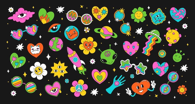 Vibrant Cosmic Sticker Collage: Whimsical Celestial Symbols and Shapes ...