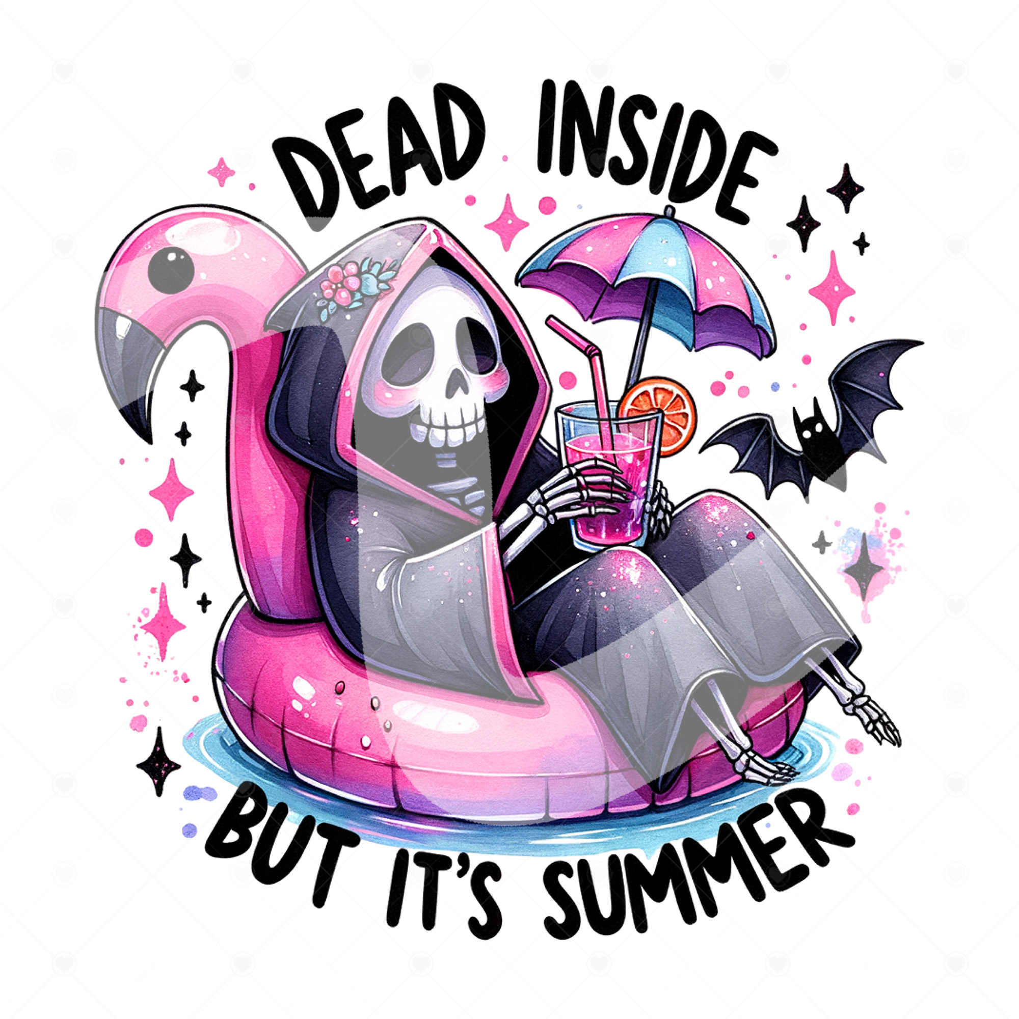 'Dead Inside But It's Summer' Grim Reaper Relaxing on Pink Flamingo ...