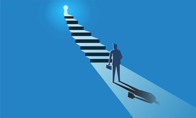 Silhouetted figure ascending illuminated staircase to bright future ...