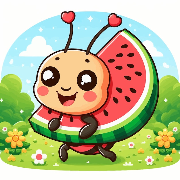 Cute Ladybug Carrying a Vibrant Watermelon in a Lush Meadow | Jiffy Designs