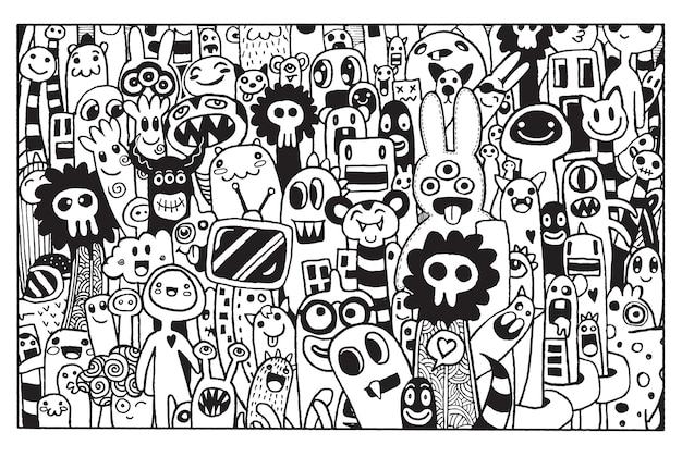 Vibrant Monochrome Doodle Characters Illustration Collection | Jiffy ...