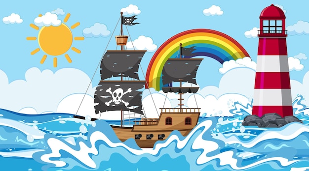 Vibrant Pirate Ship Sailing on High Seas with Lighthouse | Jiffy Designs