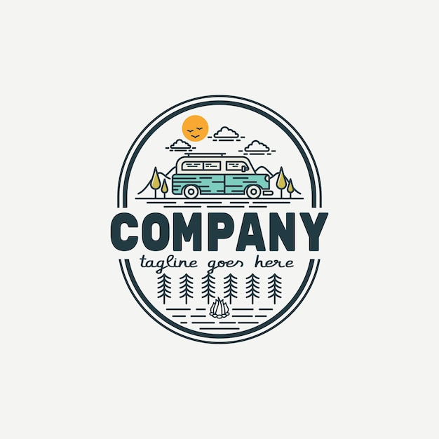 Retro Camper Van Emblem with Scenic Landscape | Jiffy Designs