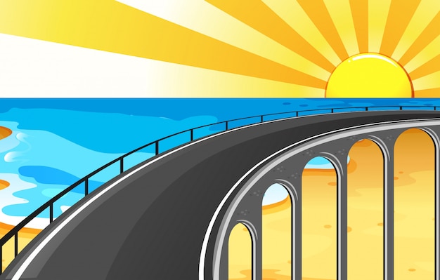Vibrant Coastal Road with Arched Bridge and Radiant Sun | Jiffy Designs