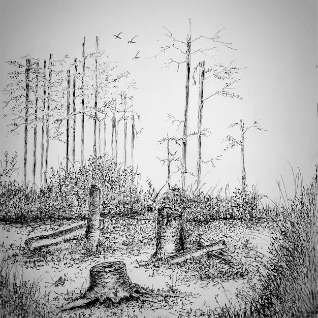 Enchanted Woodland Sketch: Serene Forest with Fallen Logs | Jiffy Designs