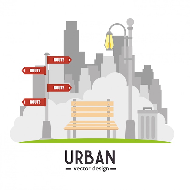 Stylized Urban Cityscape with Directional Signs and Bench Illustration ...